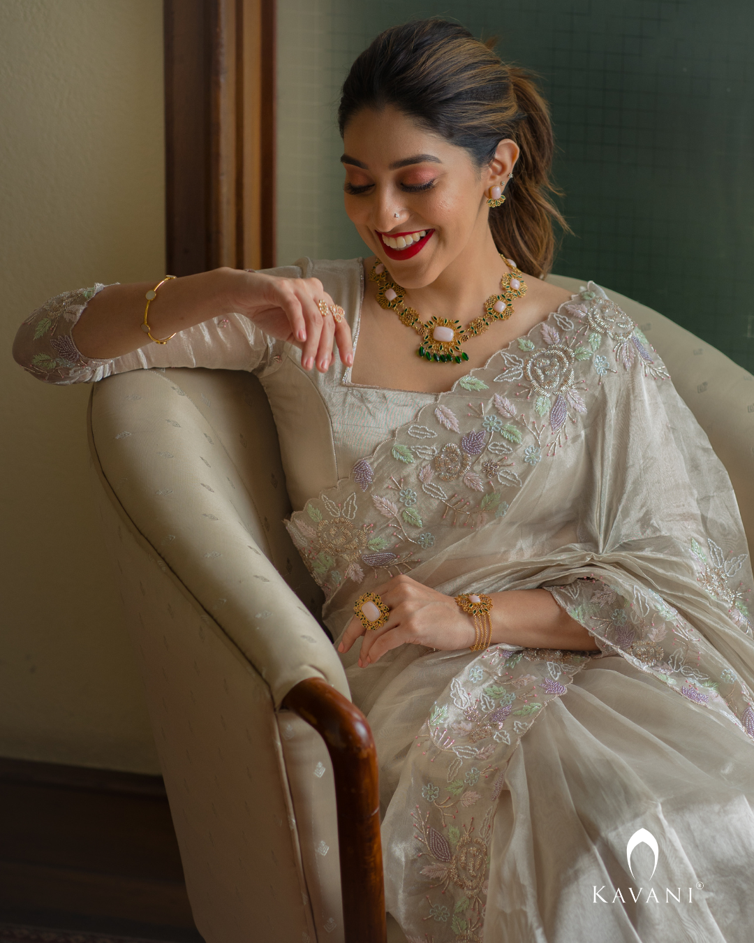 Signature Ash silver tisue silk saree with border work – Kavani Bridal Wear
